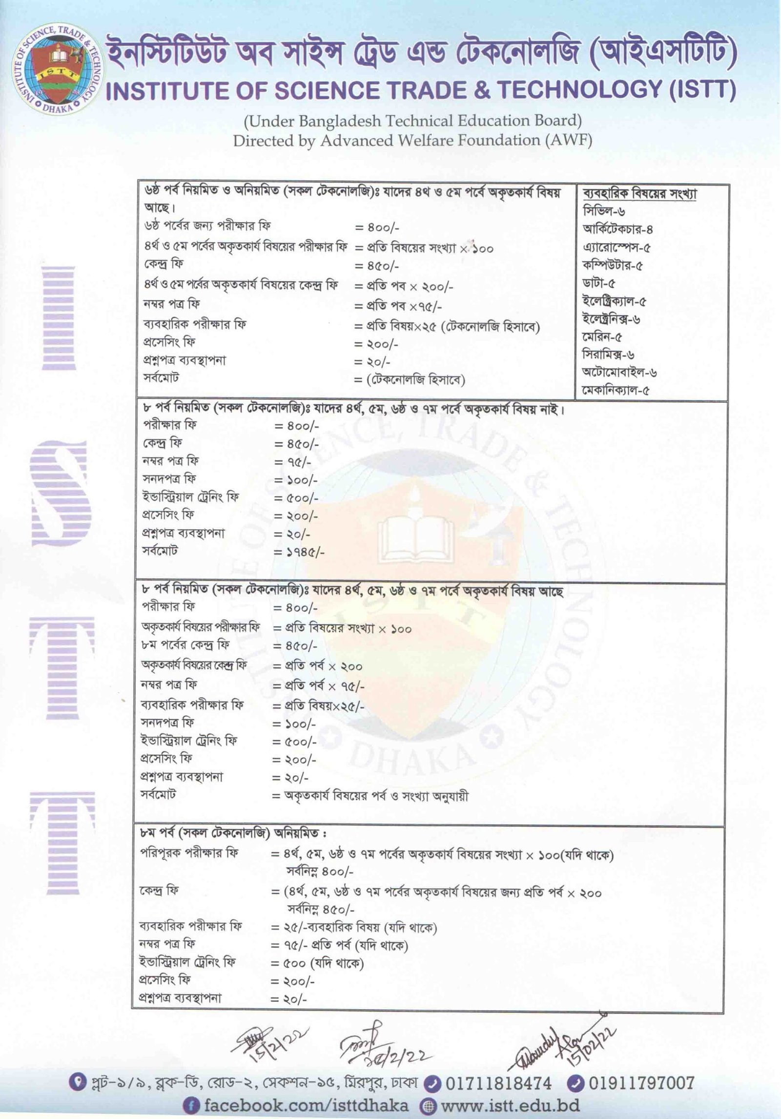 ডিপ্নোমা ফর্ম ফিল আপ নোটিশ | Institute of Science Trade & Technology (ISTT)